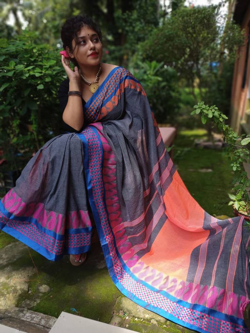 Mango Kalka Border Begompuri Saree - BISWAS HANDLOOM - 3737110
