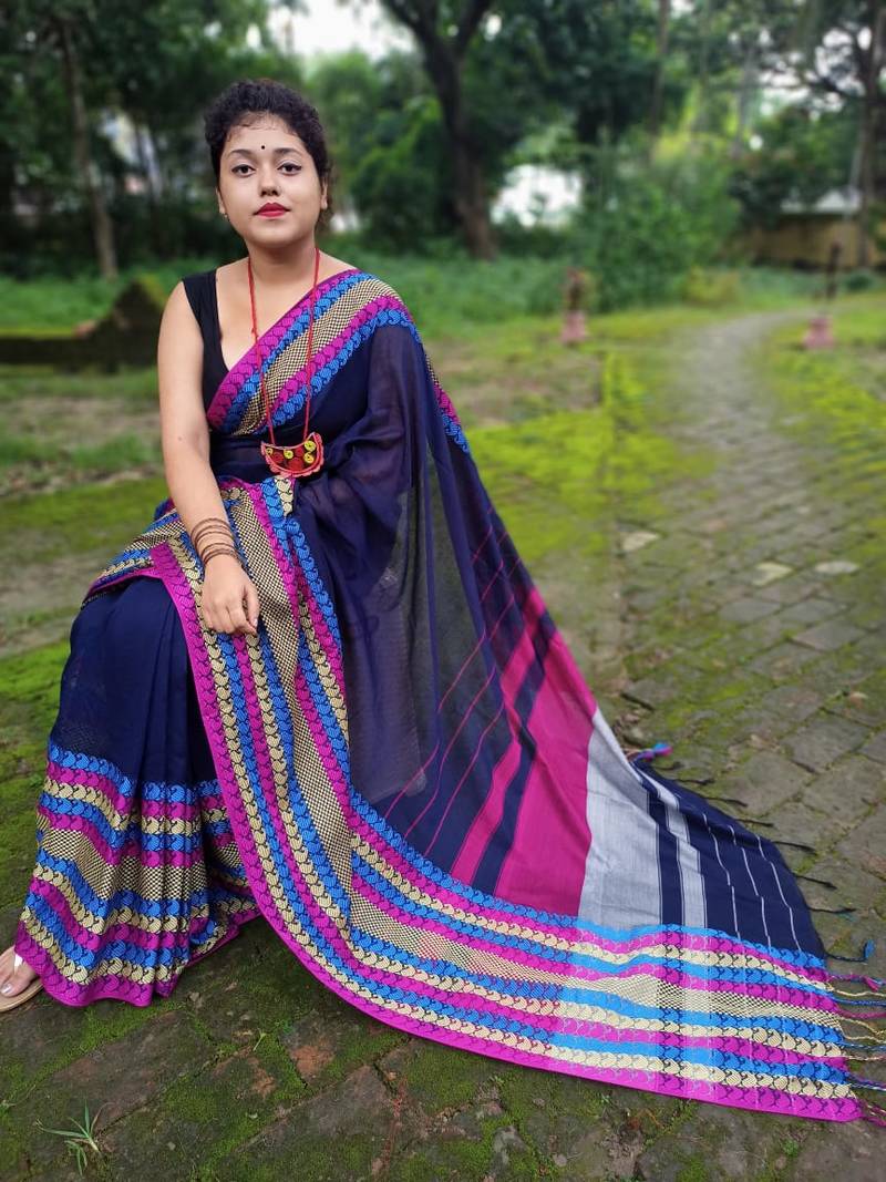 Mango Kalka Border Begompuri Saree - BISWAS HANDLOOM - 3737617