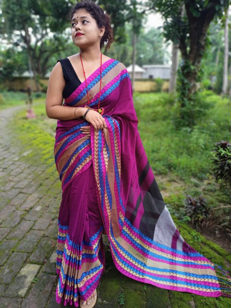 Mango Kalka Border Begompuri Saree - BISWAS HANDLOOM - 3737622