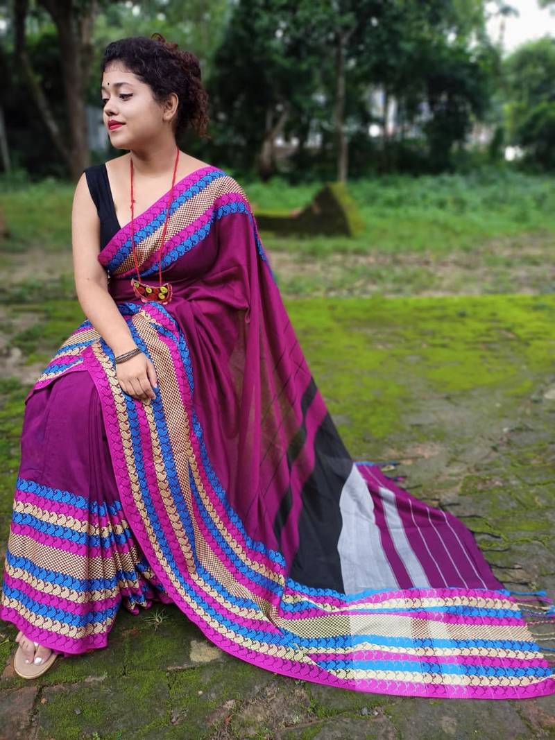 Mango Kalka Border Begompuri Saree - BISWAS HANDLOOM - 3737622