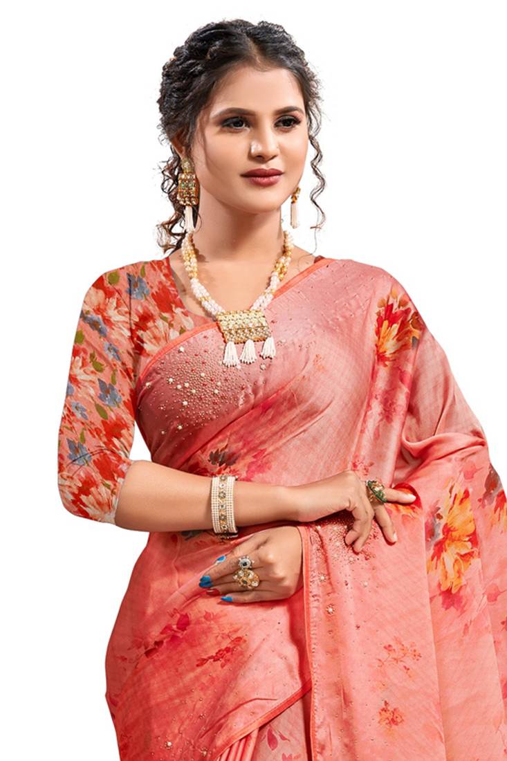 Peach printed silk saree with blouse - KAD CREATIONS - 3738721