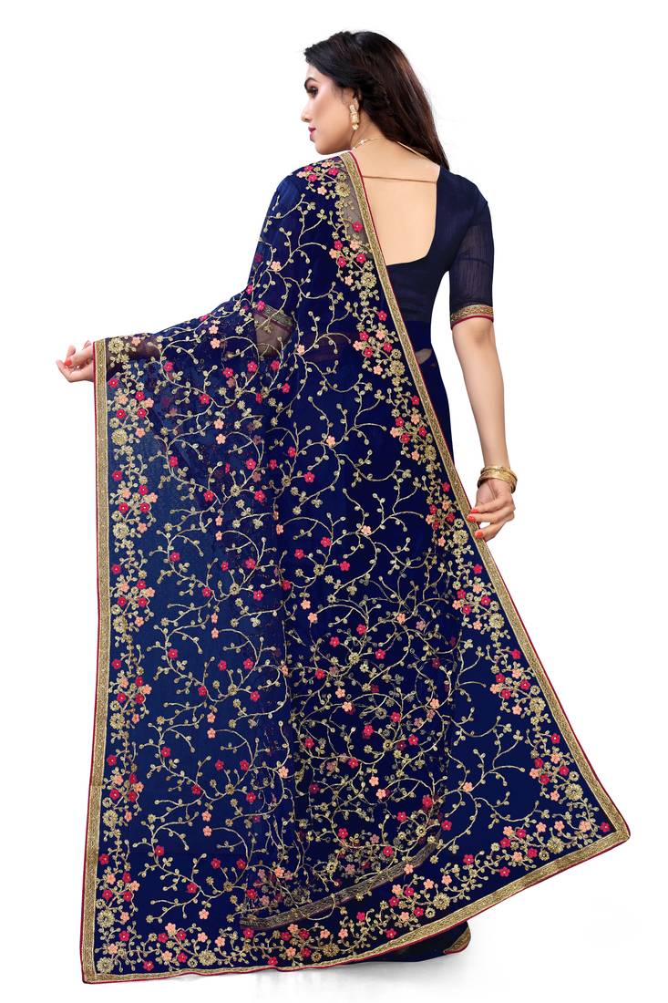 Navy blue embroidered net saree with blouse - SERONA FABRICS - 3751156
