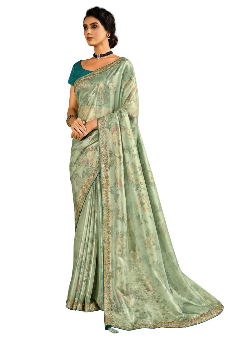 Green embroidered tissue saree with blouse - Mahotsav E Solution - 3755546