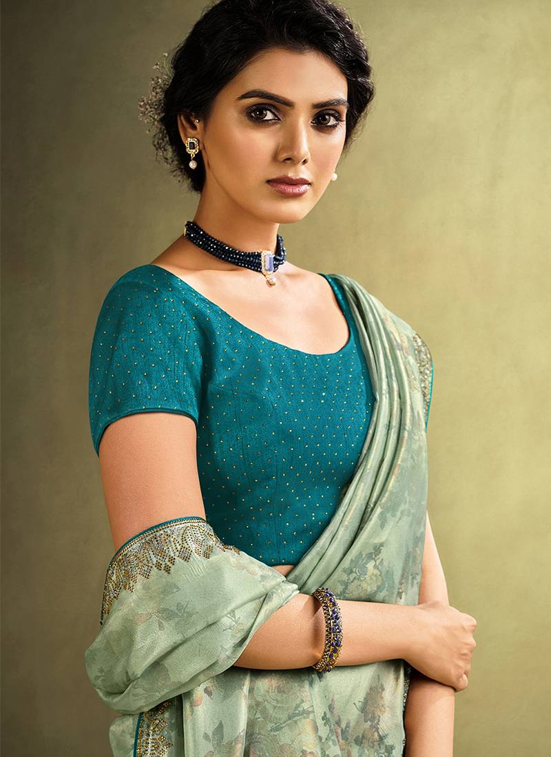 Green embroidered tissue saree with blouse - Mahotsav E Solution - 3755546