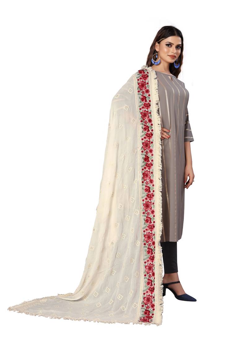 White Pure Viscose Gorgette Cotton white Dhaga With Gold Sequince ...